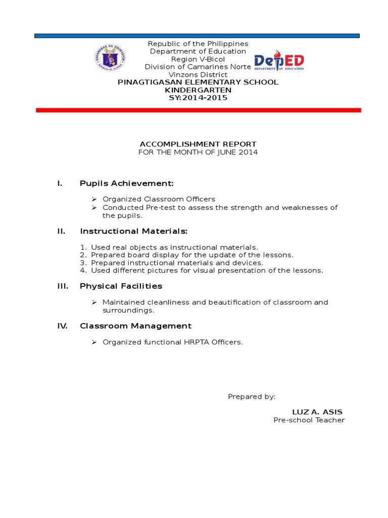 Accomplishment Report PINAGTIGASAN KINDER | PDF | Primary Education ...