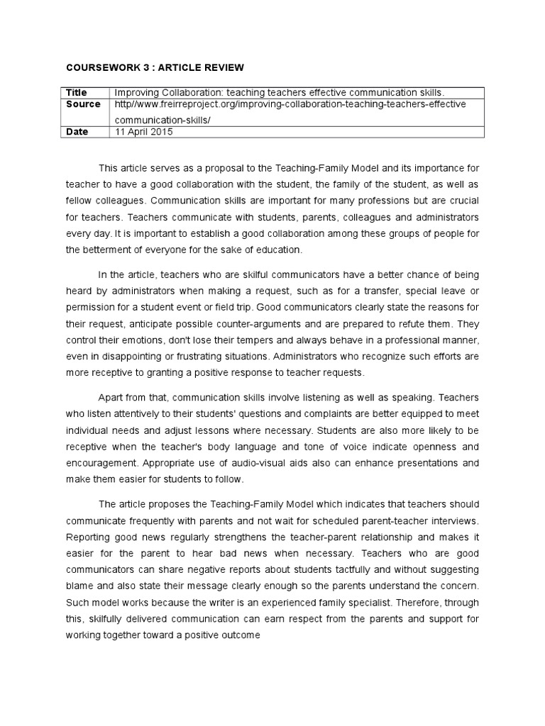 Coursework 3: Article Review Title Source Date | PDF | Teachers ...