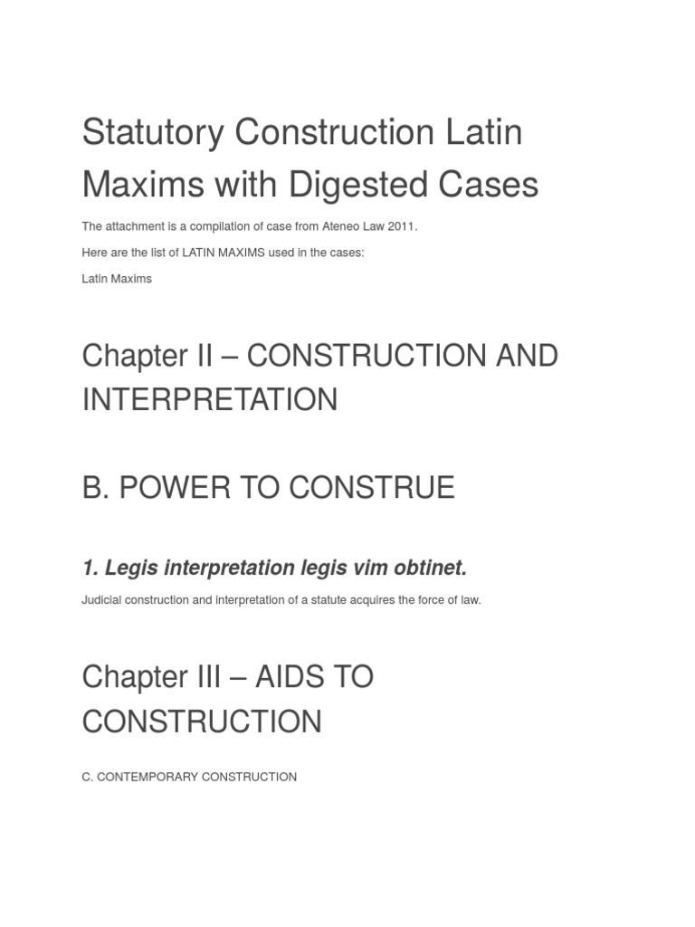 Statutory Construction Latin Maxims With Digested Cases | PDF | Statutory Interpretation | Precedent