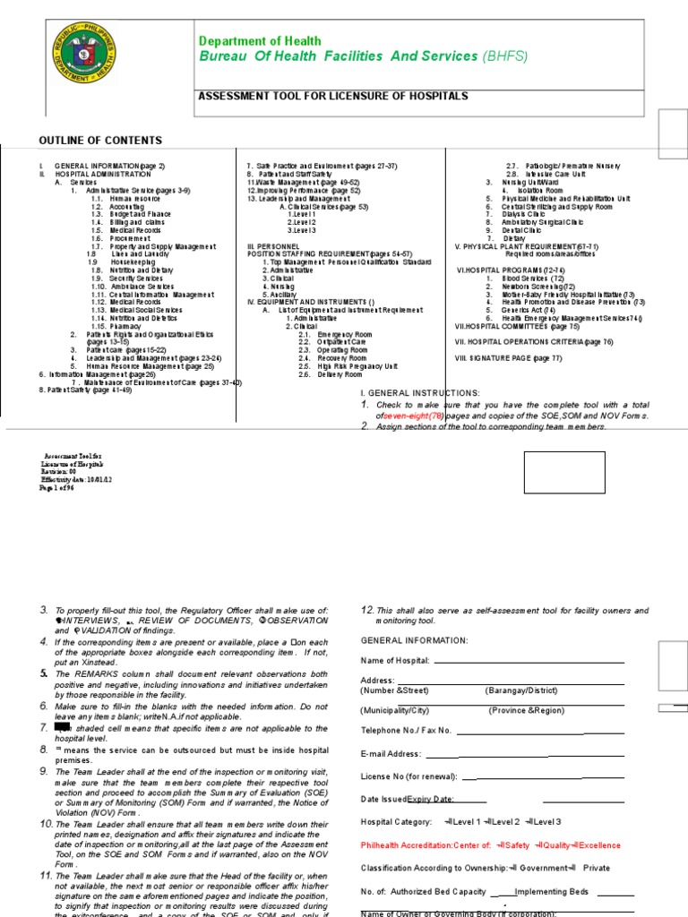 DOH Hospital Licensure Assessment Tool | PDF | Medical Record | Patient