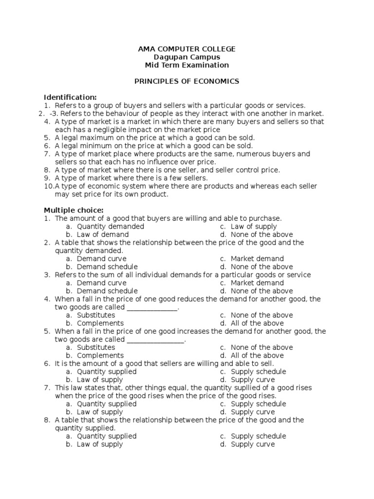 Economics Mid Term Exam | Supply And Demand | Supply (Economics)