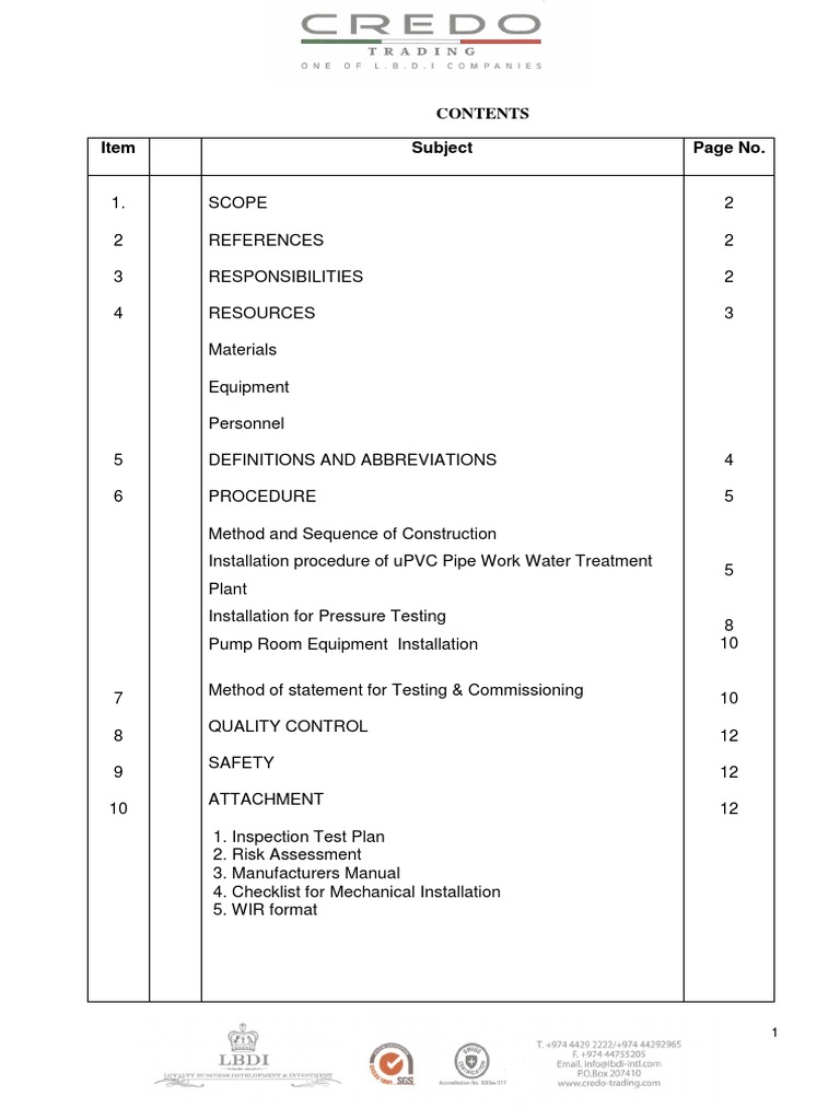 Method Statement For The Installation of Water Treatment Plant | PDF ...