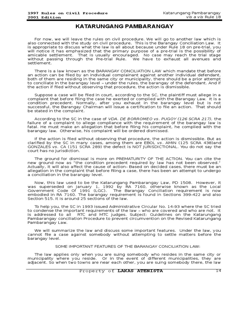 Barangay Conciliation Law Overview | PDF | Lawsuit | Complaint