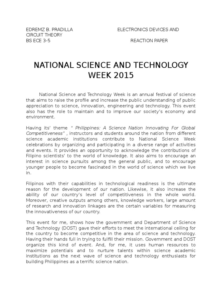 National Science and Technology Week 2015 Reaction Paper | Science ...