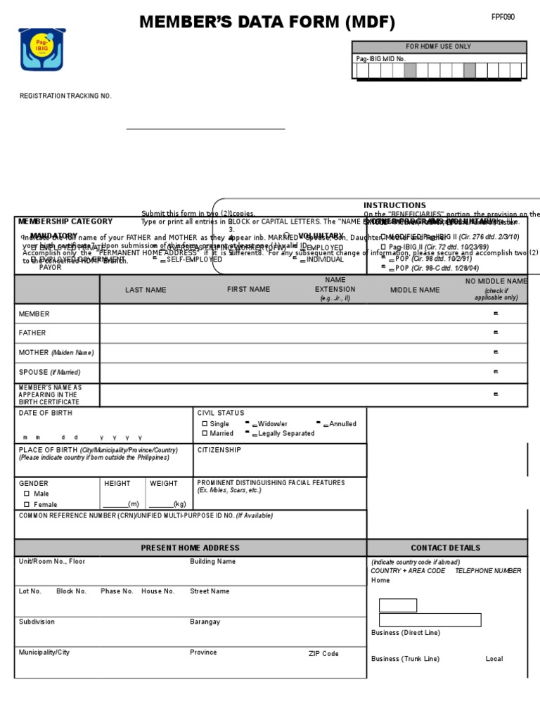 FPF090 Member's Data Form - MDF | PDF | Address (Geography) | Government