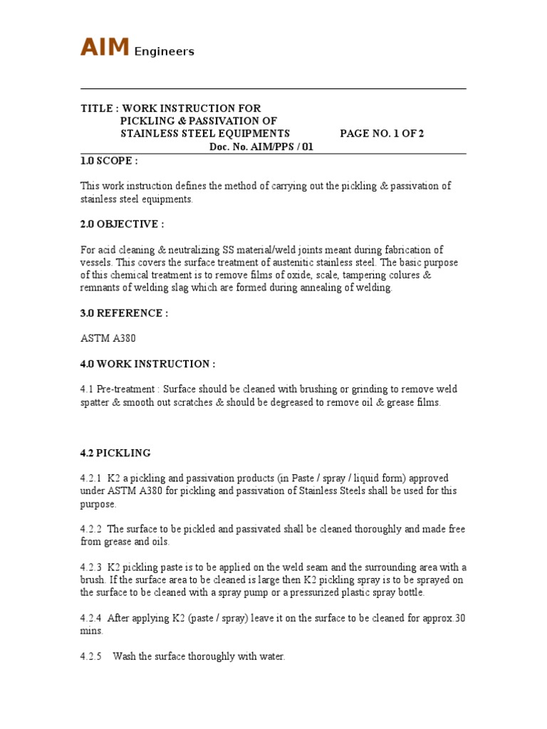 Pickling Passivation Procedure by JS | PDF | Stainless Steel | Nitric Acid