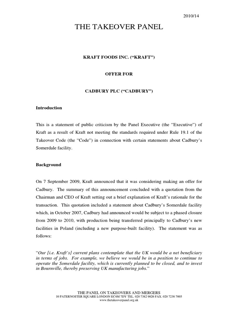 The Takeover Panel: Kraft Foods Inc. ("Kraft") | PDF | Kraft Foods Inc ...