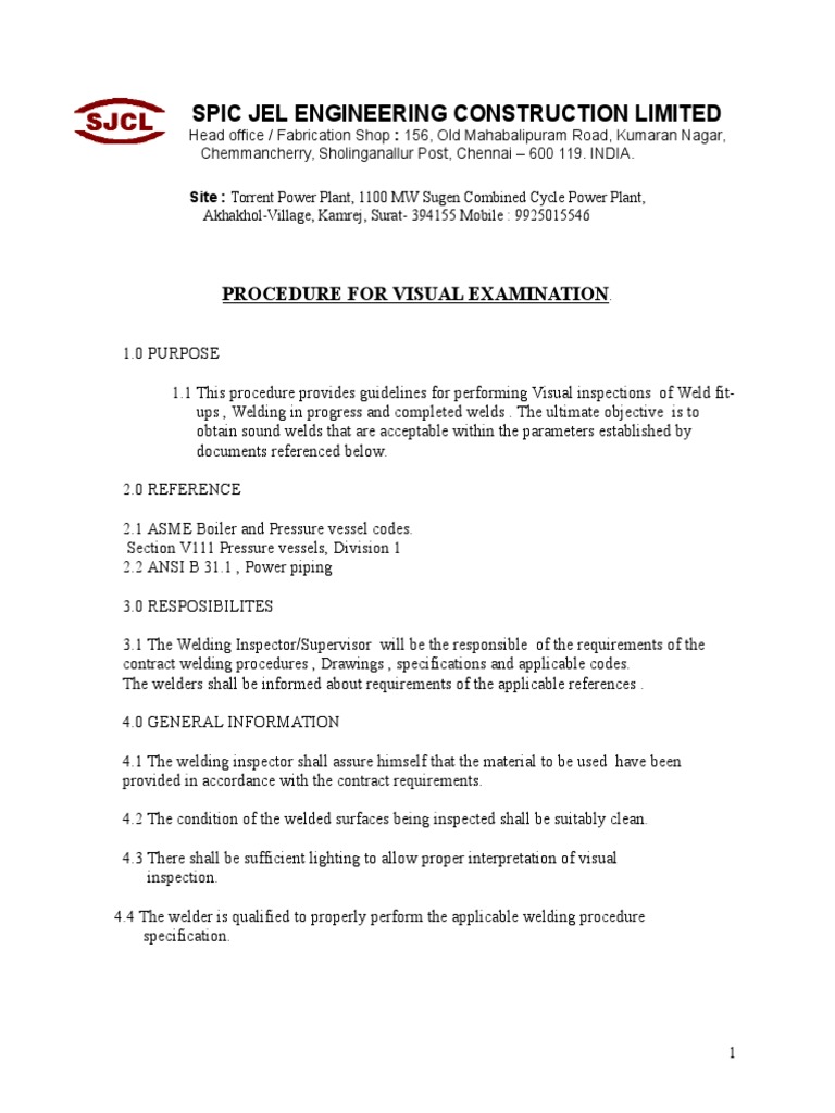 Procedure For Visual Inspection | PDF | Welding | Construction