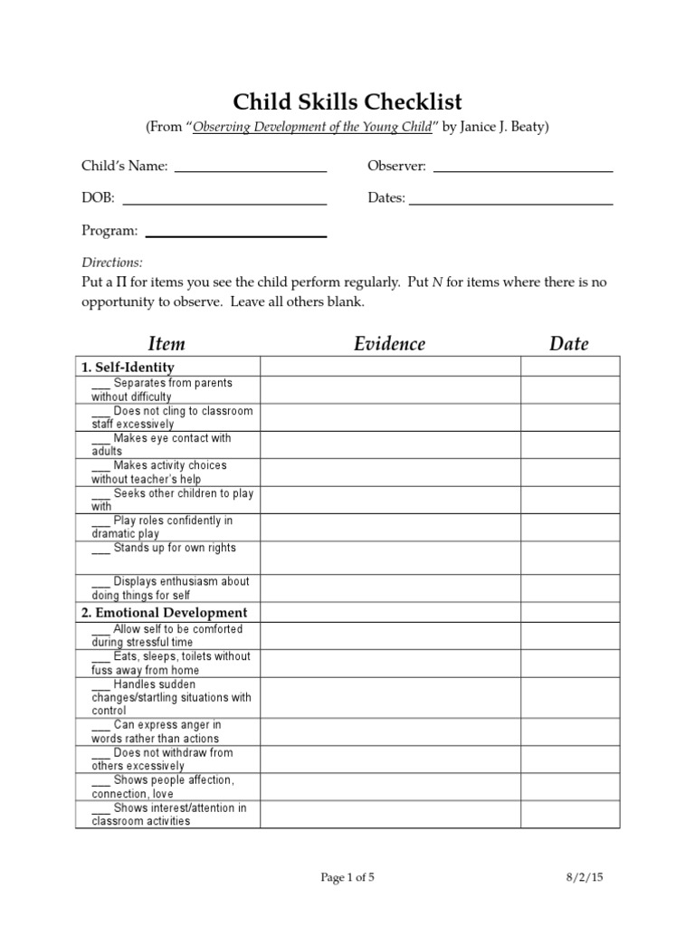 Child Skills Checklist | PDF | Anger | Toys