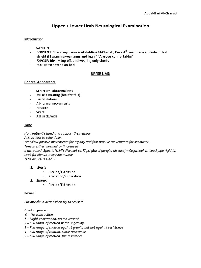 Neurological Examination | PDF | Anatomical Terms Of Motion | Arm
