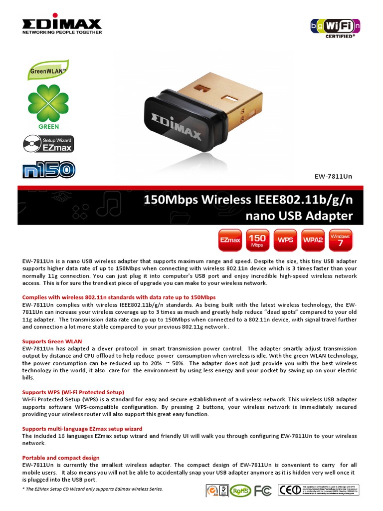 150Mbps Wireless IEEE802.11b/g/n nano USB Adapter: Compact, High-Speed ...