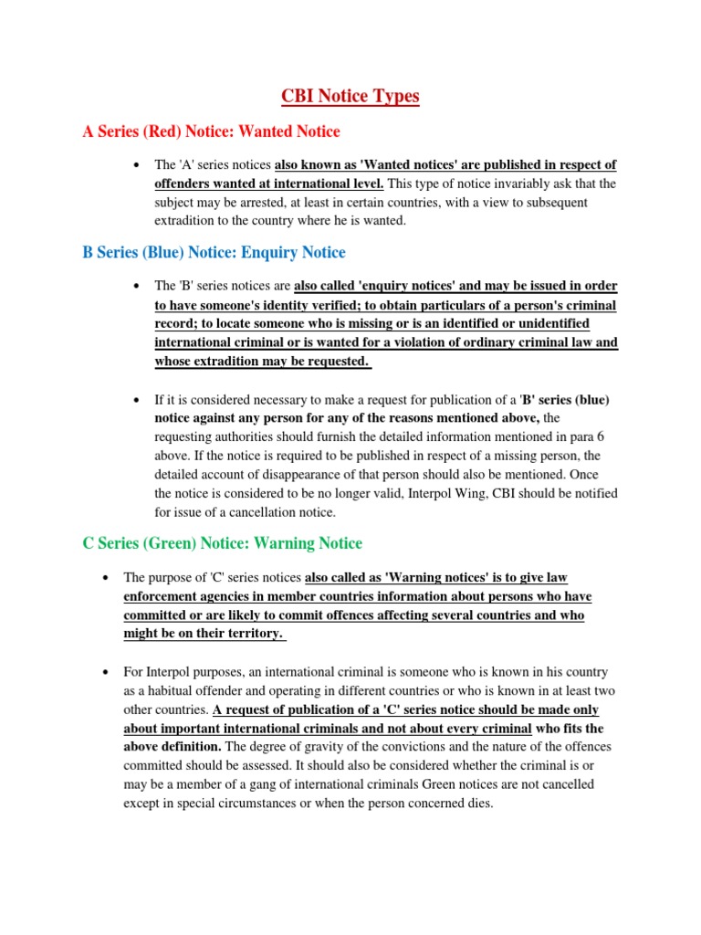 CBI & Interpol Notice Types | PDF | Crime & Violence | Crime Thriller