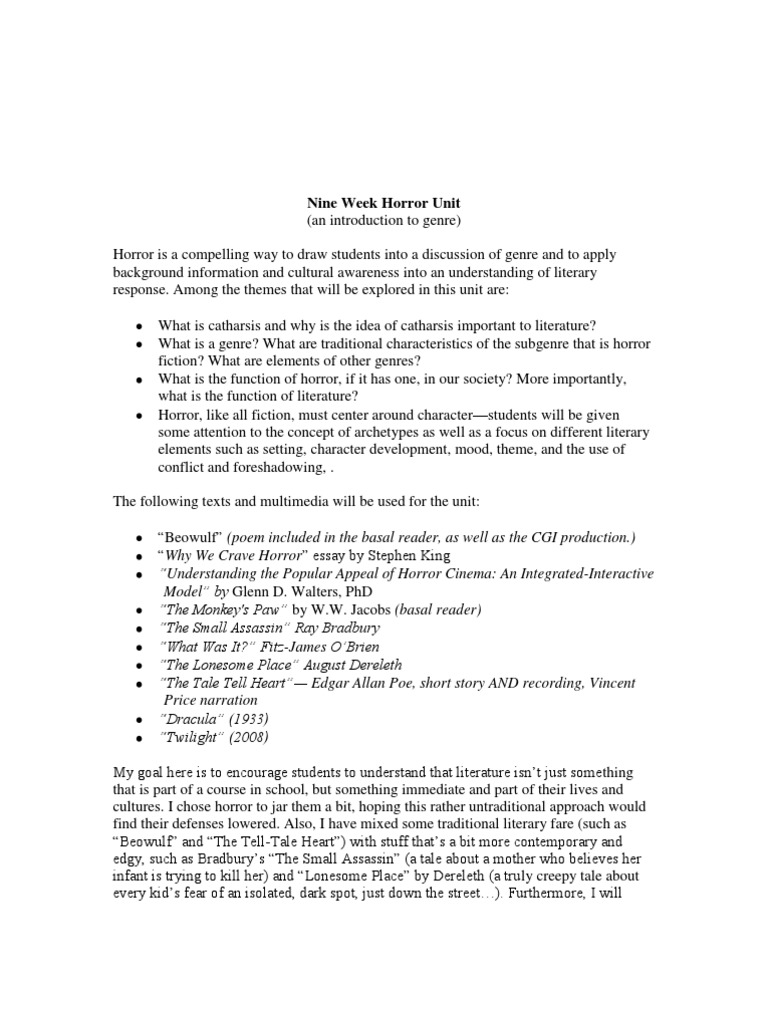 Nine Week Horror Unit Handout | PDF | Horror Fiction | Genre