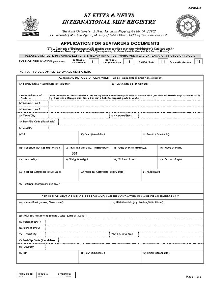 Seafarer Document Application Form A15 | PDF | Passport | Sailor