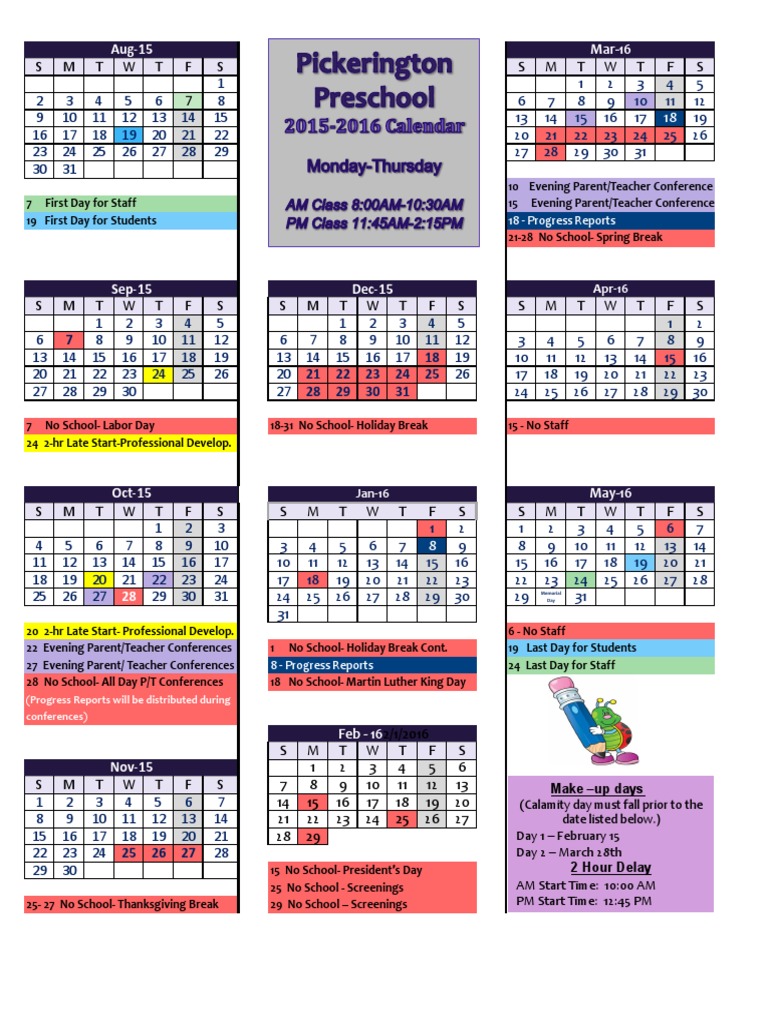 Pickerington Preschool 15-16 Calendar Final Sheet1 | PDF