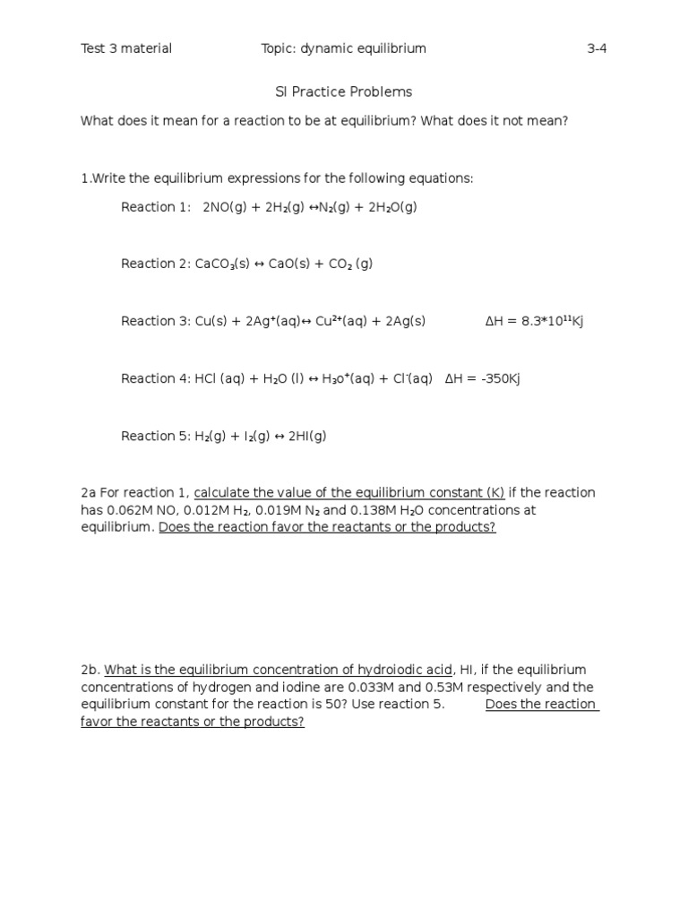 Chemistry Equilibrium Worksheet | PDF | Chemical Equilibrium ...