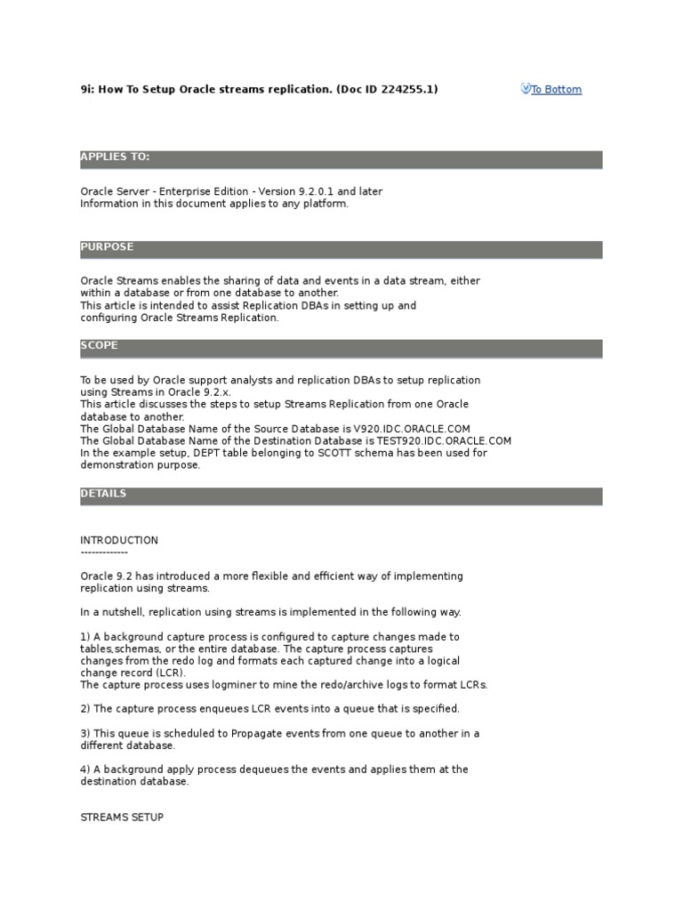 9i How To Setup Oracle Streams Replication. (Doc ID 224255.1) | PDF | Oracle Database ...