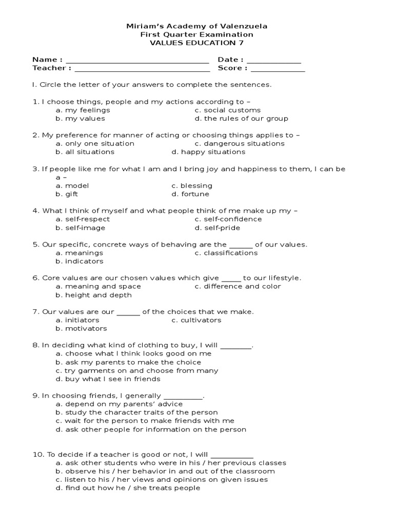 1st Quarter Examination in Values 7-8 2015-2016 | PDF | Rectangle ...