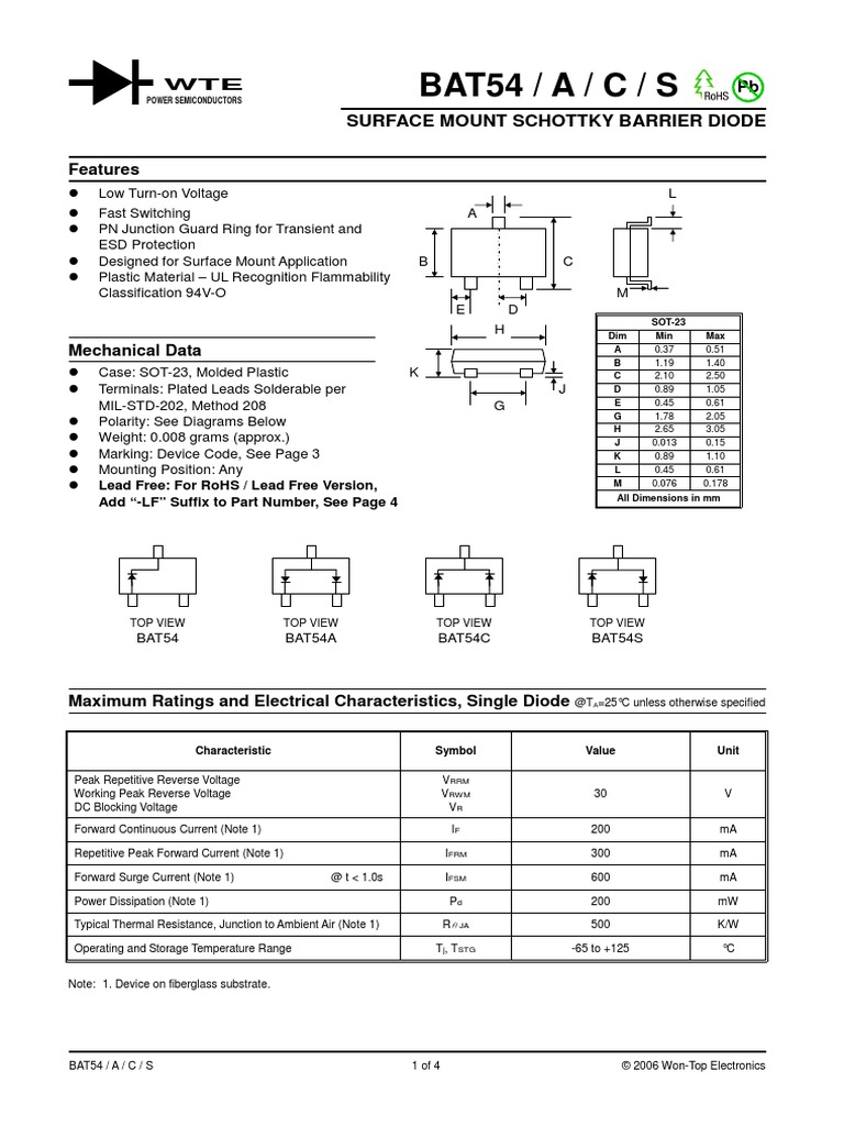 BAT54 Series WTE - (L4, L42, L43, L44) (KL1, KL2, KL3, KL4) Tipo SOT23 ...