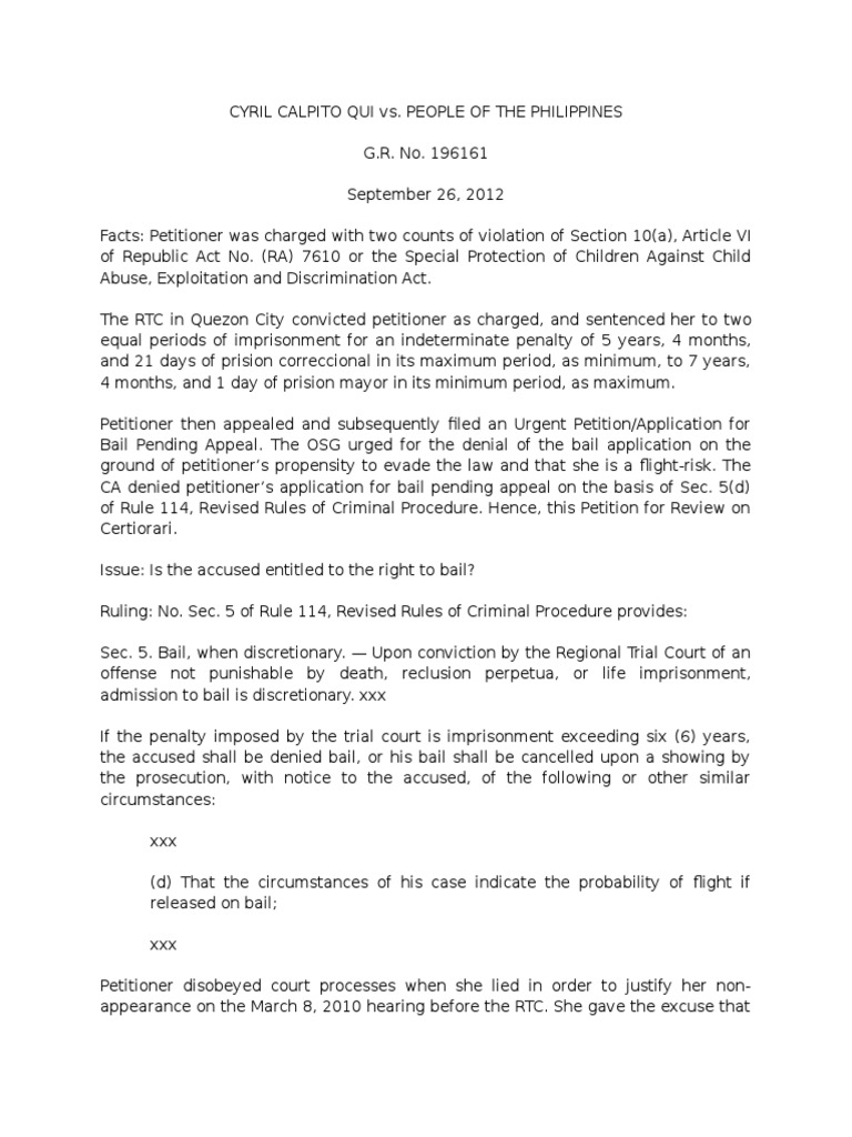 Cyril Calpito Qui Vs People Digest | PDF | Bail | Criminal Procedure In South Africa