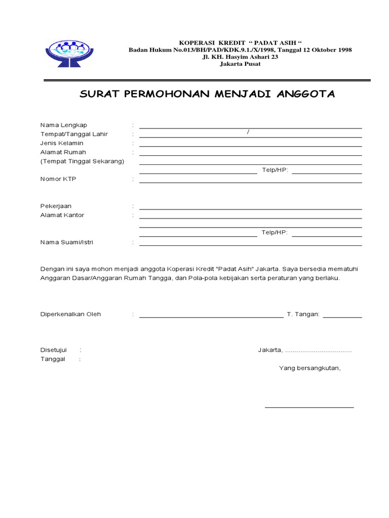 Formulir Pendaftaran Anggota Baru CU Padat Asih Versi PDF Biasa | PDF