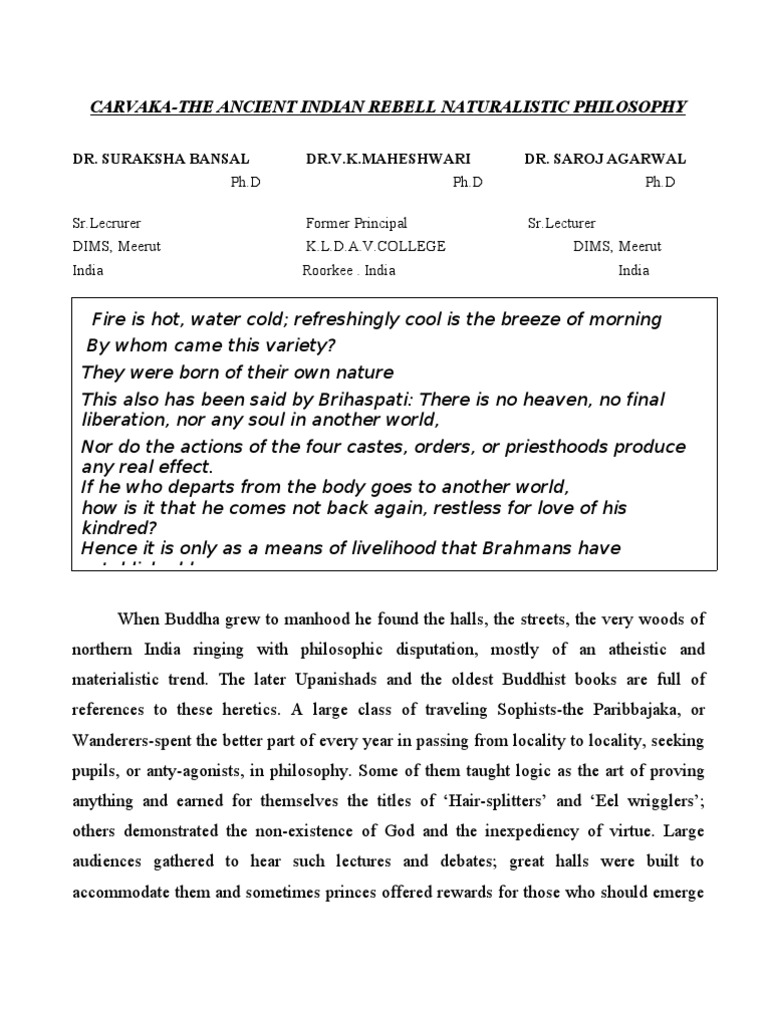 Carvaka-The Ancient Indian Rebell Naturalistic Philosophy | PDF ...