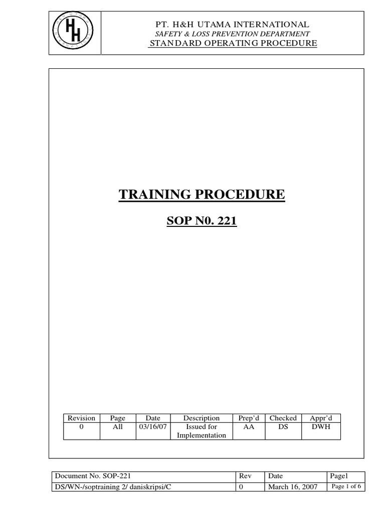 Training Procedure: SOP N0. 221 | PDF | Occupational Safety And Health ...