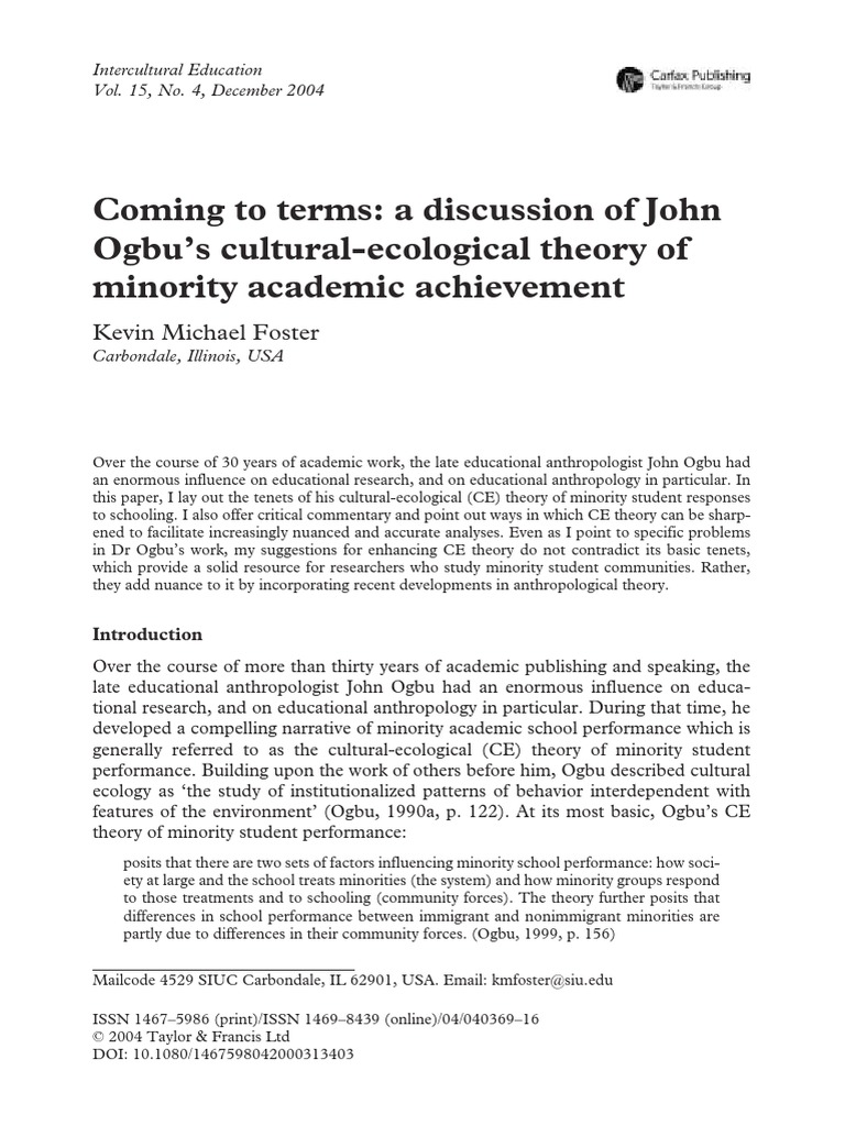 John Ogbu's Cultural Ecological Theory | PDF | Minority Group ...