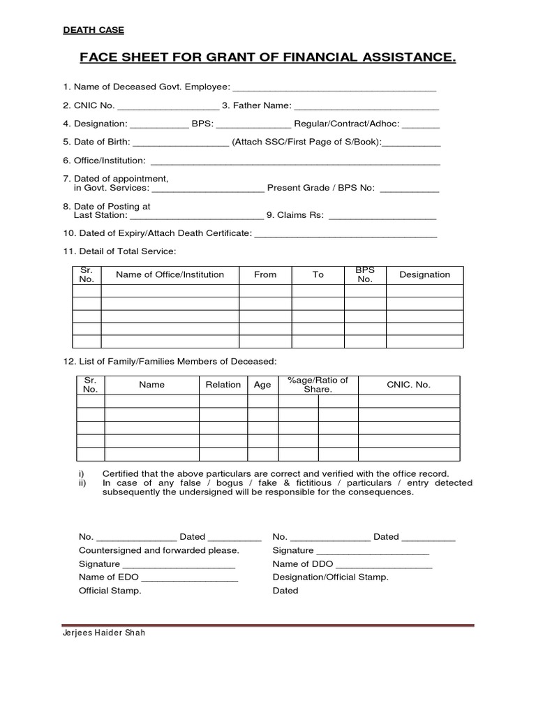 Face Sheet For Grant of Financial Assistance | PDF