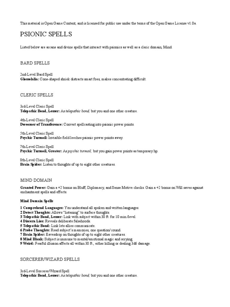 Psionic Spells | PDF | D20 System | Dungeons & Dragons