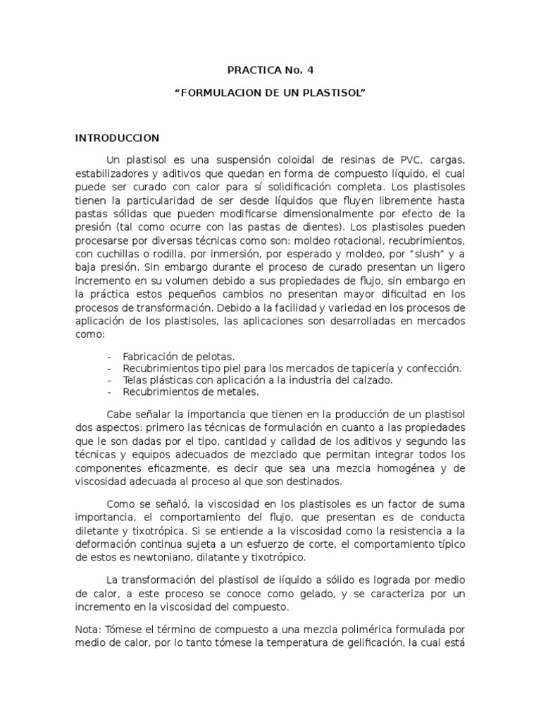 Formulacion de Plastisol | PDF | Viscosidad | Líquidos