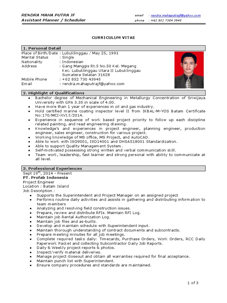 Curriculum Vitae Rendra Maha Putra JF (Mechanical Engineering) PDF | PDF | Engineer | Engineering