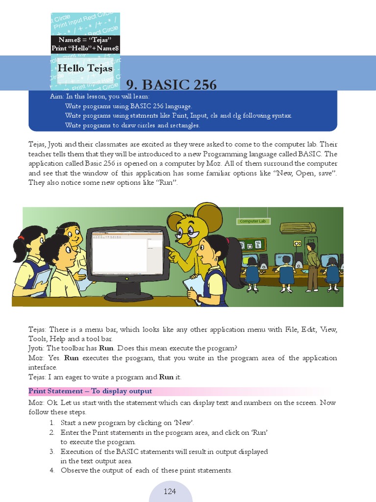 BASIC 256: Hello Tejas | PDF | Variable (Computer Science) | Input/Output