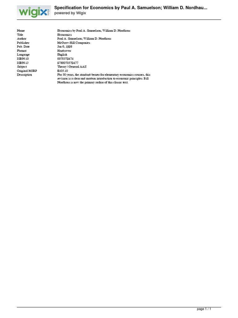 Economics by Paul A Samuelson William D Nordhaus | PDF