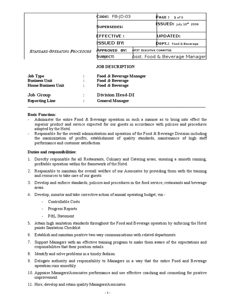 F&B Manager Job Description and Duties | PDF | Foodservice | General ...