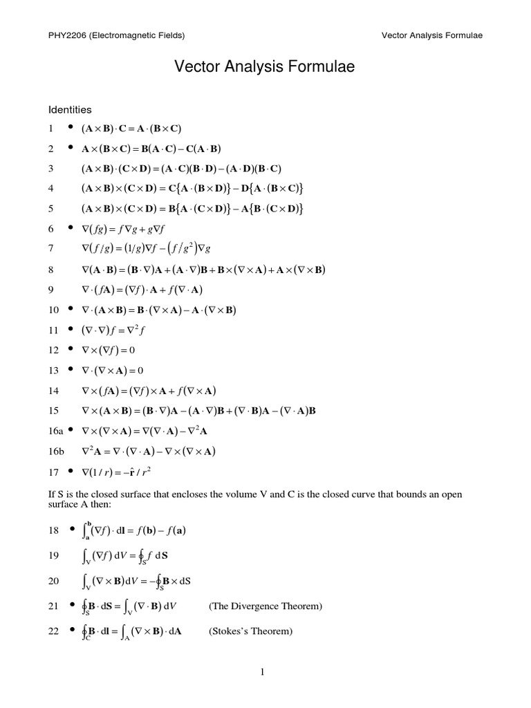 Vector Analysis Formulas (Electromagnetic Fields) | PDF