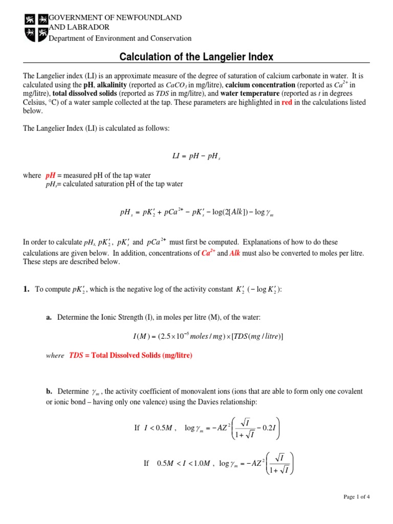 Calculation Langelier Index | PDF | Ph | Acid Dissociation Constant