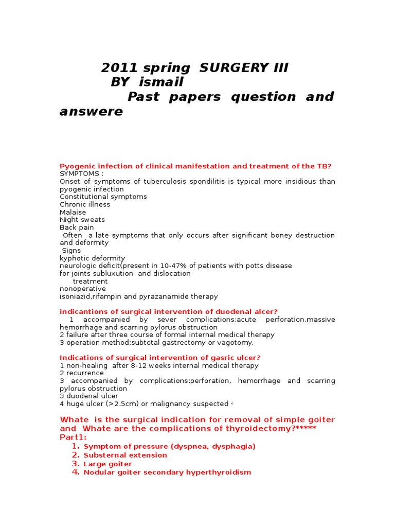 2011 Spring SURGERY III BY Ismail Answere: Past Papers Question and ...
