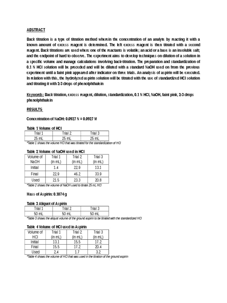 Aspirin Titration Pdf Titration Chemistry