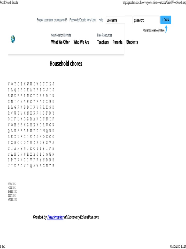 Word Search Puzzle - Household Chores | PDF