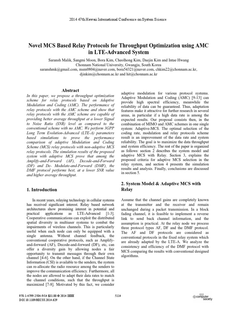 Novel MCS Based Relay Protocols For Throughput Optimization Using AMC in LTE-Advanced System ...