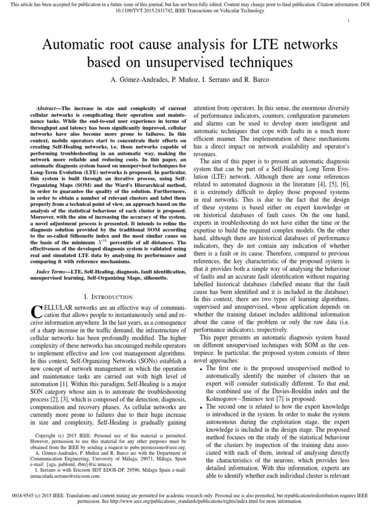 Automatic Root Cause Analysis For LTE Networks Based On Unsupervised Techniques | PDF | Cluster ...