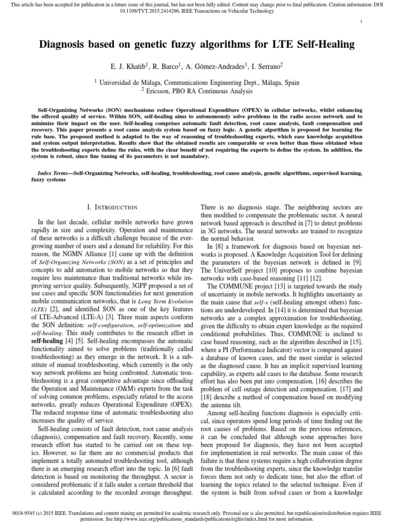 Diagnosis Based On Genetic Fuzzy Algorithms For LTE Self-Healing | PDF | Fuzzy Logic ...