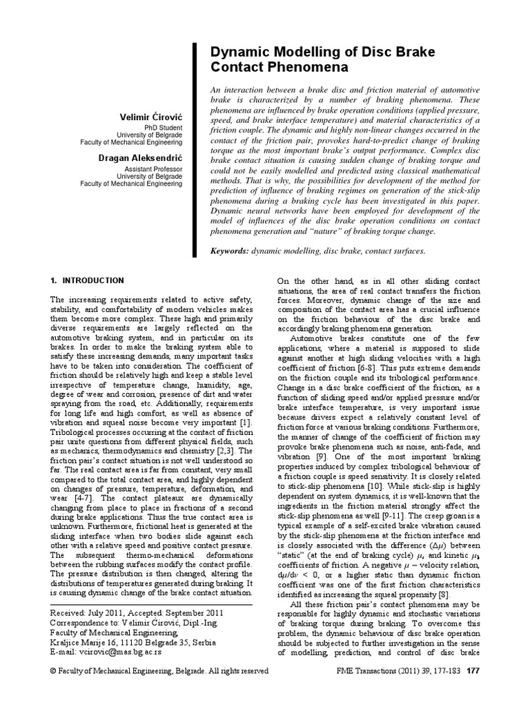 Dynamic Modelling Of Disc Brake Contact Phenomena Velimir Ćirović Pdf Friction Artificial