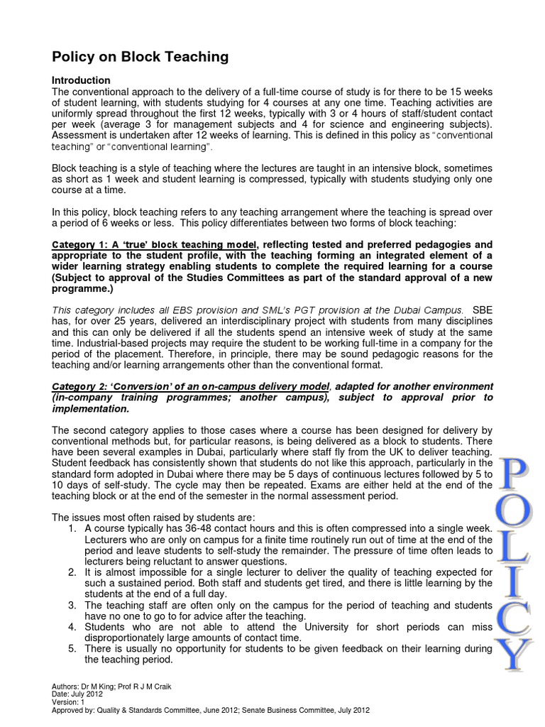Block Teaching Policy | PDF | Educational Assessment | Test (Assessment)