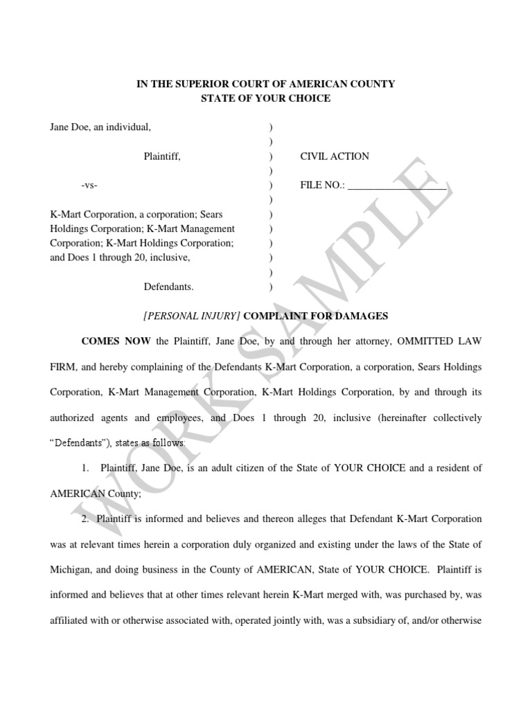 Kmart SAMPLE Slip & Fall Complaint | PDF | Kmart | Negligence