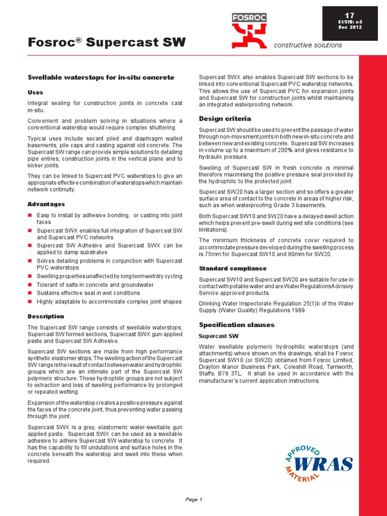 Fosroc Supercast SW: Swellable Waterstops For In-Situ Concrete | PDF ...
