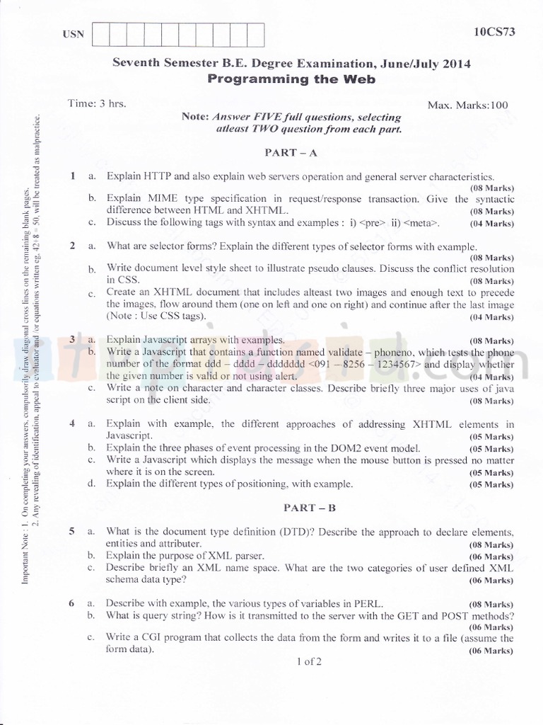 Programming The Web Question Paper | PDF | Xml | Php