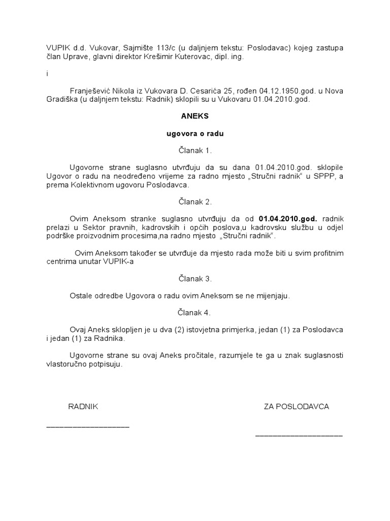 ANEKS Ugovora o Radu Primjer | PDF