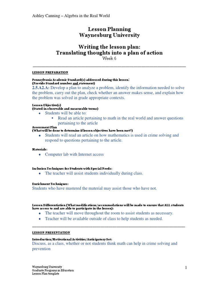 Lesson Plan - Week 6 | PDF | Lesson Plan | Special Education